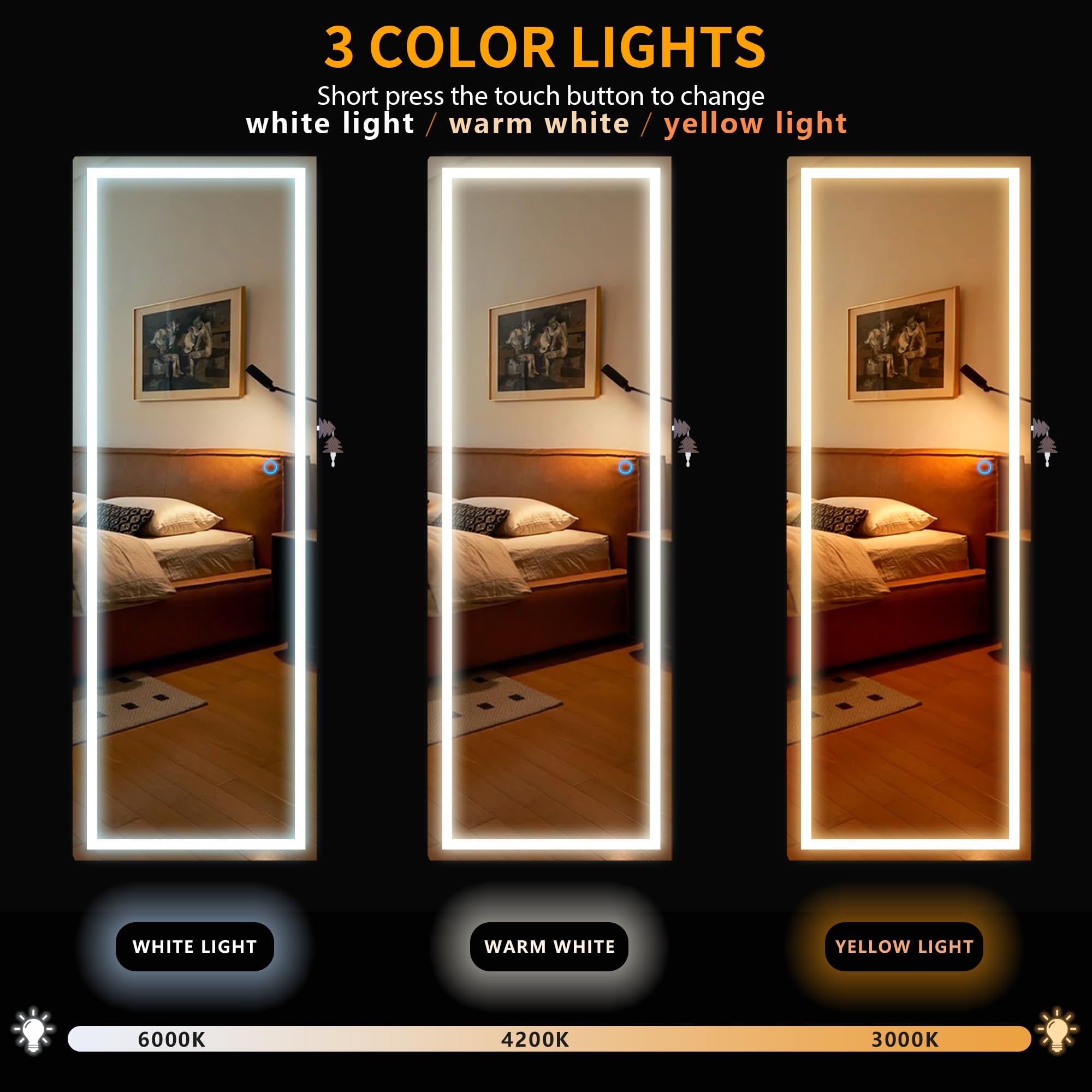 LVSOMT LED Wall/Door Mounted Jewelry Cabinet Armoire, Full Length Mirror with Lights, Lockable Storage Organizer, Over the Door Hanging Dressing Body Mirror (Wood)