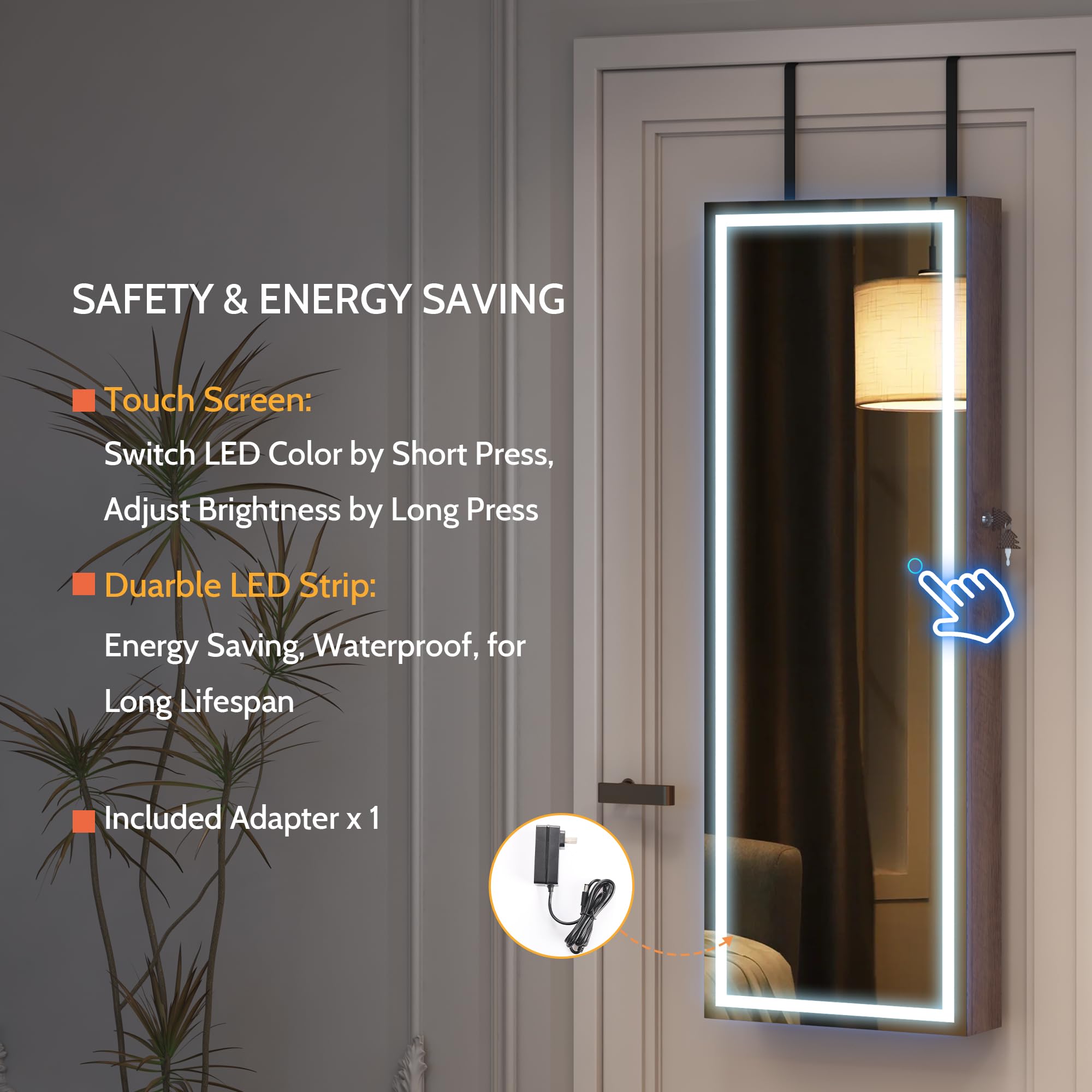 LVSOMT LED Wall/Door Mounted Jewelry Cabinet Armoire, Full Length Mirror with Lights, Lockable Storage Organizer, Over the Door Hanging Dressing Body Mirror (Wood)
