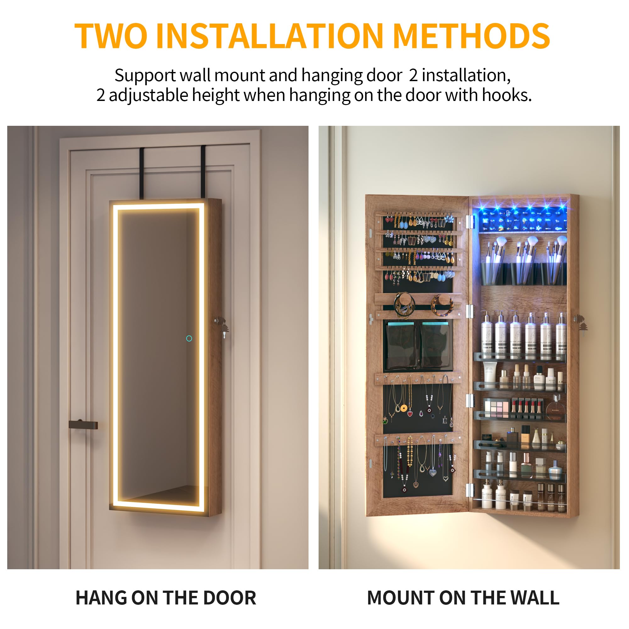 LVSOMT LED Wall/Door Mounted Jewelry Cabinet Armoire, Full Length Mirror with Lights, Lockable Storage Organizer, Over the Door Hanging Dressing Body Mirror (Wood)