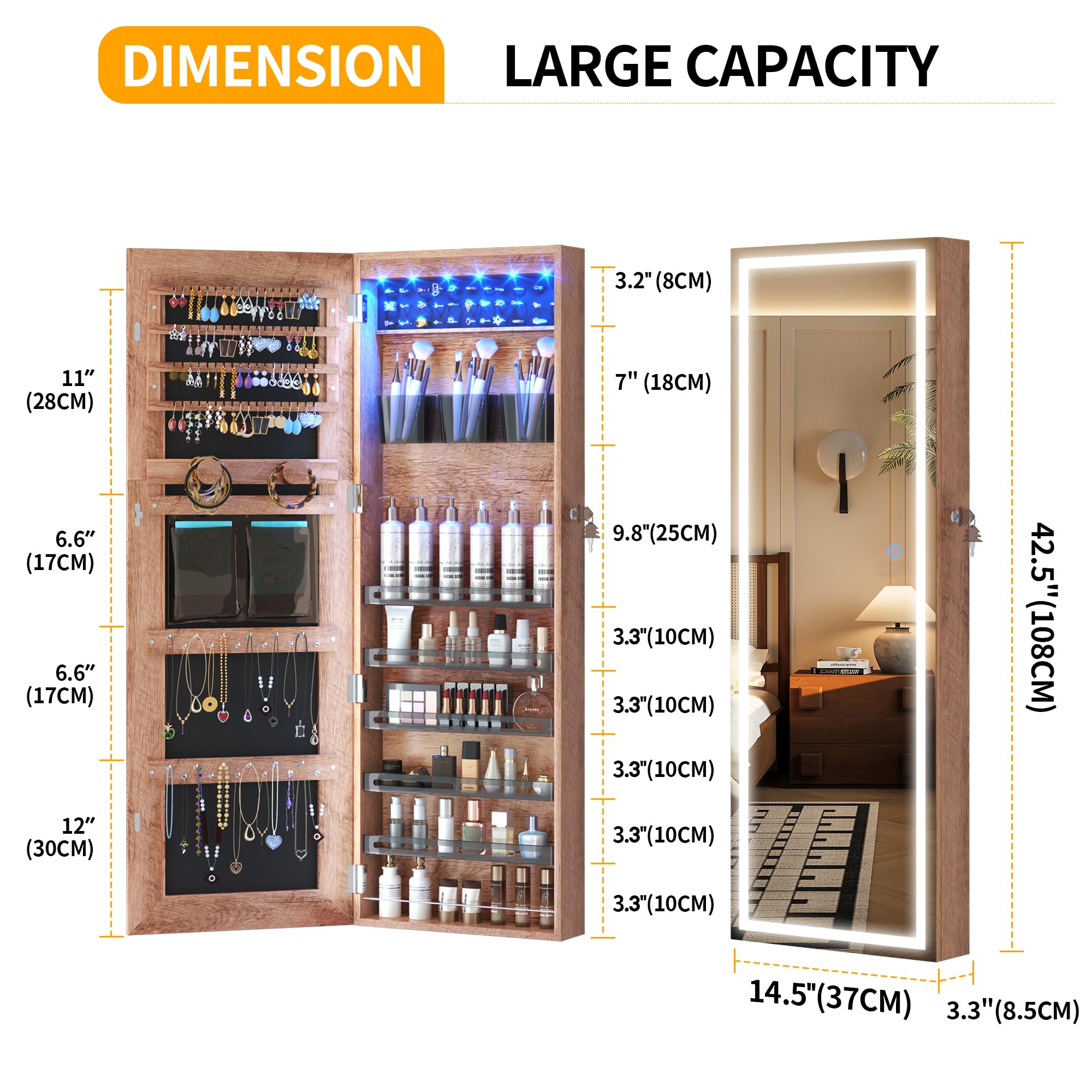 LVSOMT LED Wall/Door Mounted Jewelry Cabinet Armoire, Full Length Mirror with Lights, Lockable Storage Organizer, Over the Door Hanging Dressing Body Mirror (Wood)