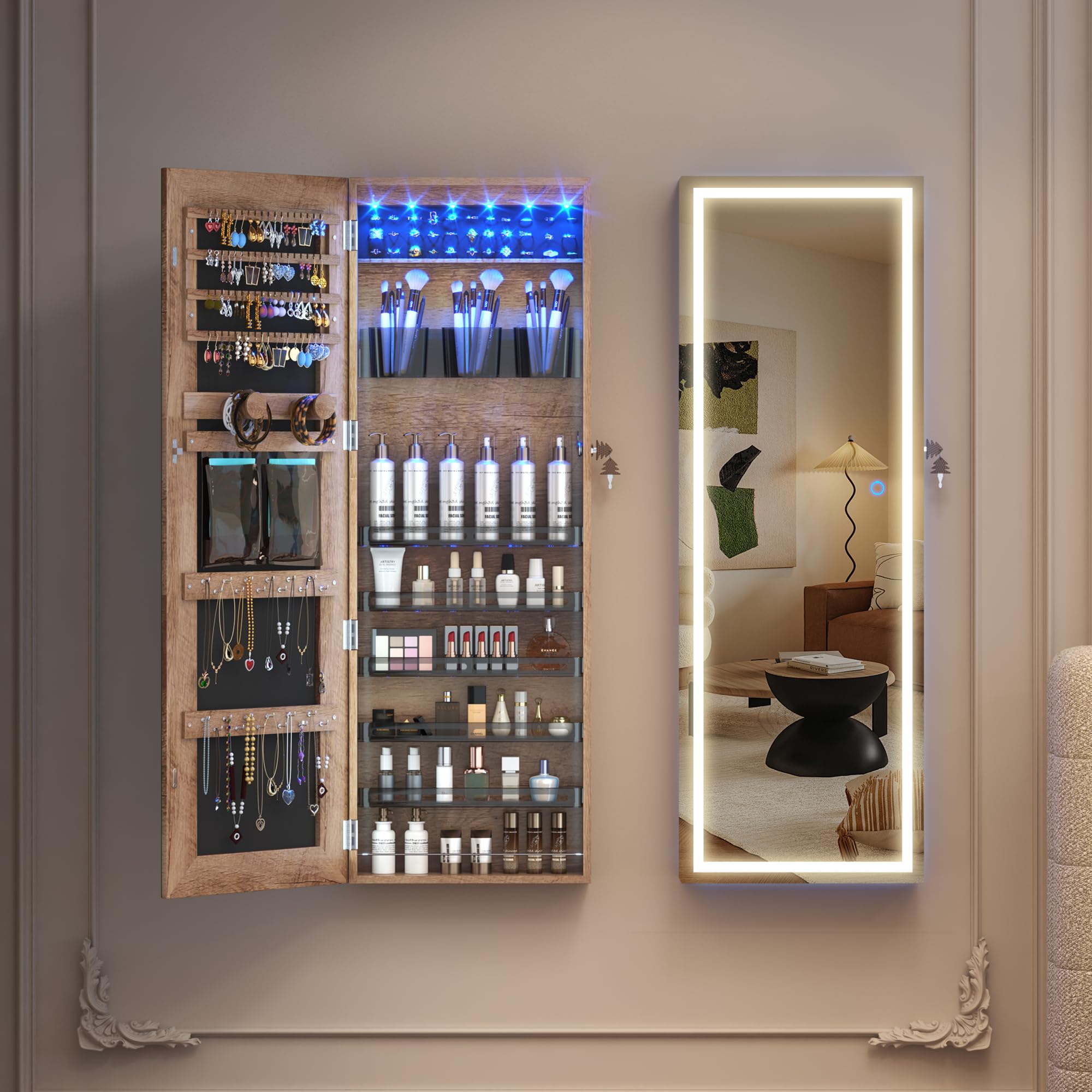 LVSOMT LED Wall/Door Mounted Jewelry Cabinet Armoire, Full Length Mirror with Lights, Lockable Storage Organizer, Over the Door Hanging Dressing Body Mirror (Wood)