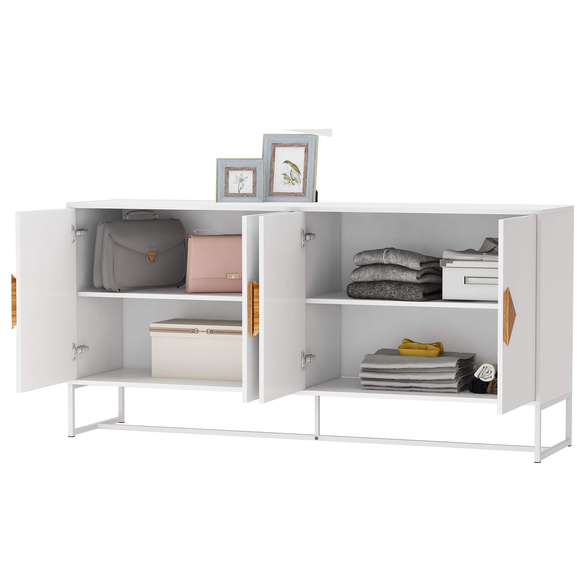GLCHQ Sideboard Cabinet Kitchen Buffet Storage Cabinet Entryway Cupboard with Metal Legs and Solid Wood Square Handles for Kitchen Living Room Office Bedroom (4Doors and Double Storage)