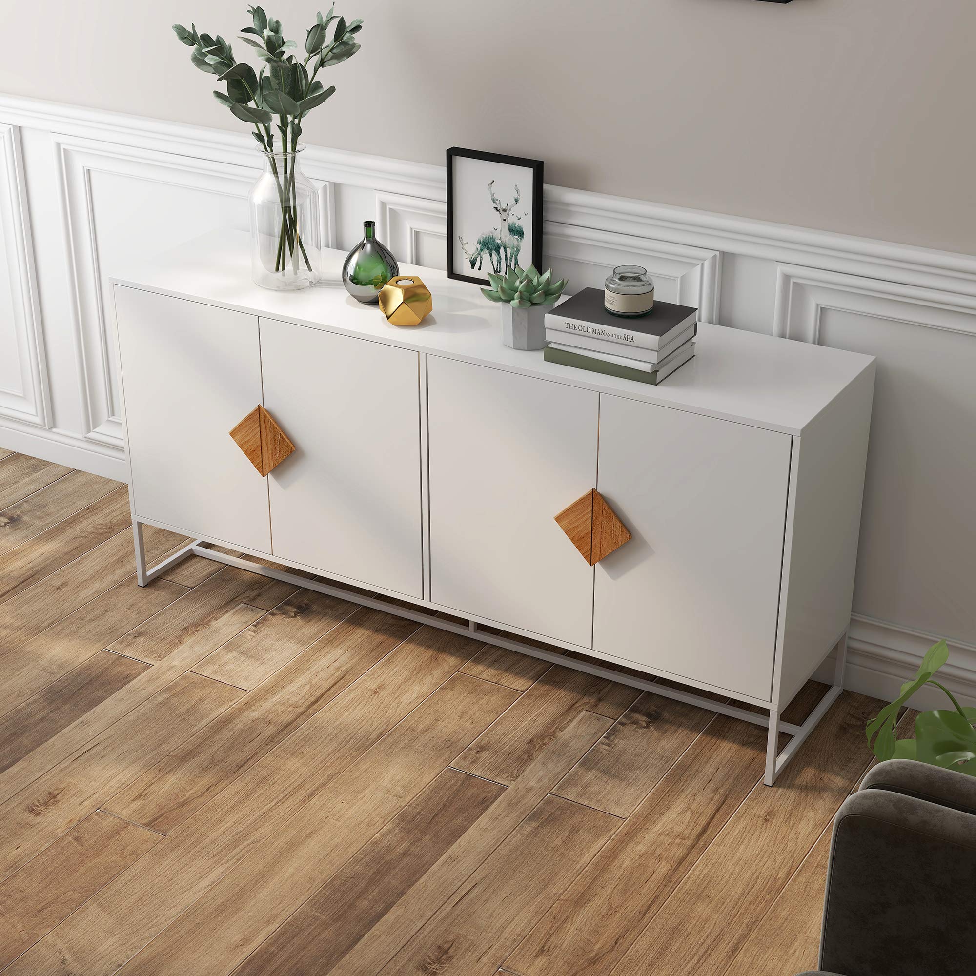 GLCHQ Sideboard Cabinet Kitchen Buffet Storage Cabinet Entryway Cupboard with Metal Legs and Solid Wood Square Handles for Kitchen Living Room Office Bedroom (4Doors and Double Storage)