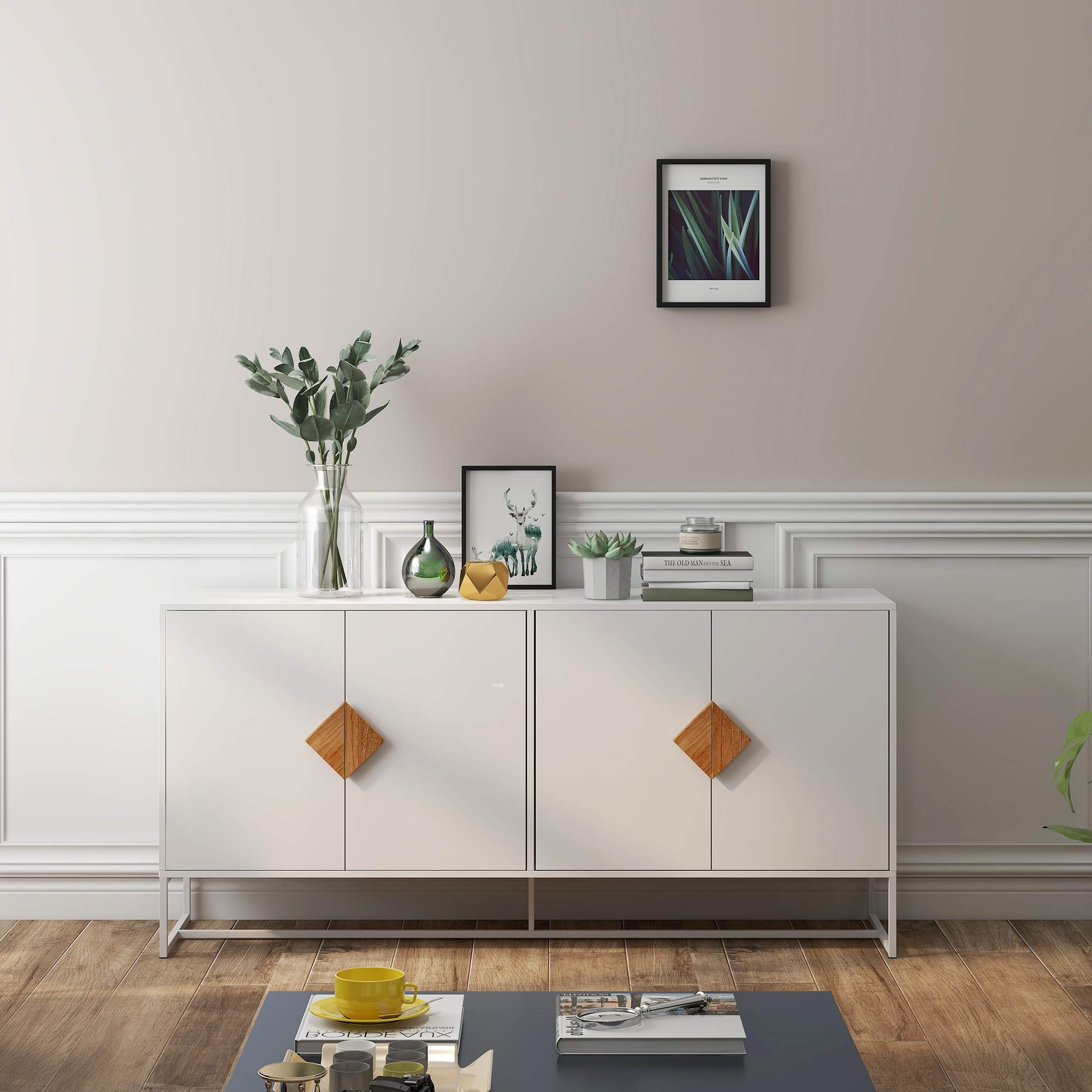 GLCHQ Sideboard Cabinet Kitchen Buffet Storage Cabinet Entryway Cupboard with Metal Legs and Solid Wood Square Handles for Kitchen Living Room Office Bedroom (4Doors and Double Storage)