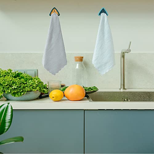 PJMNYFR 4 Pack Kitchen Towel Hooks+1Pack Sponge Cleaning Brush, Self Adhesive Wall Mount Push in Hook, Rag Dish Cloths Holders for Home Cabinet Bathroom, Blue,Green,White, 1.97IN×1.97IN×0.87IN