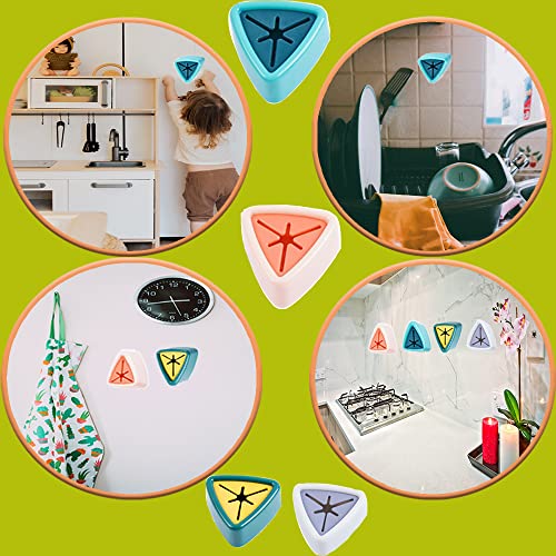 PJMNYFR 4 Pack Kitchen Towel Hooks+1Pack Sponge Cleaning Brush, Self Adhesive Wall Mount Push in Hook, Rag Dish Cloths Holders for Home Cabinet Bathroom, Blue,Green,White, 1.97IN×1.97IN×0.87IN