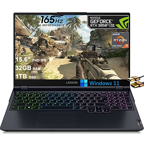 Lenovo Legion 5 15 Gaming Laptop 15.6" FHD IPS 165Hz (300 nits, 100% sRGB) AMD Octa-Core Ryzen 7 5800H (Beats i7-10870H) 32GB RAM 1TB SSD GeForce RTX 3050 Ti 4GB USB-C RGB Backlit Win11 + HDMI Cable