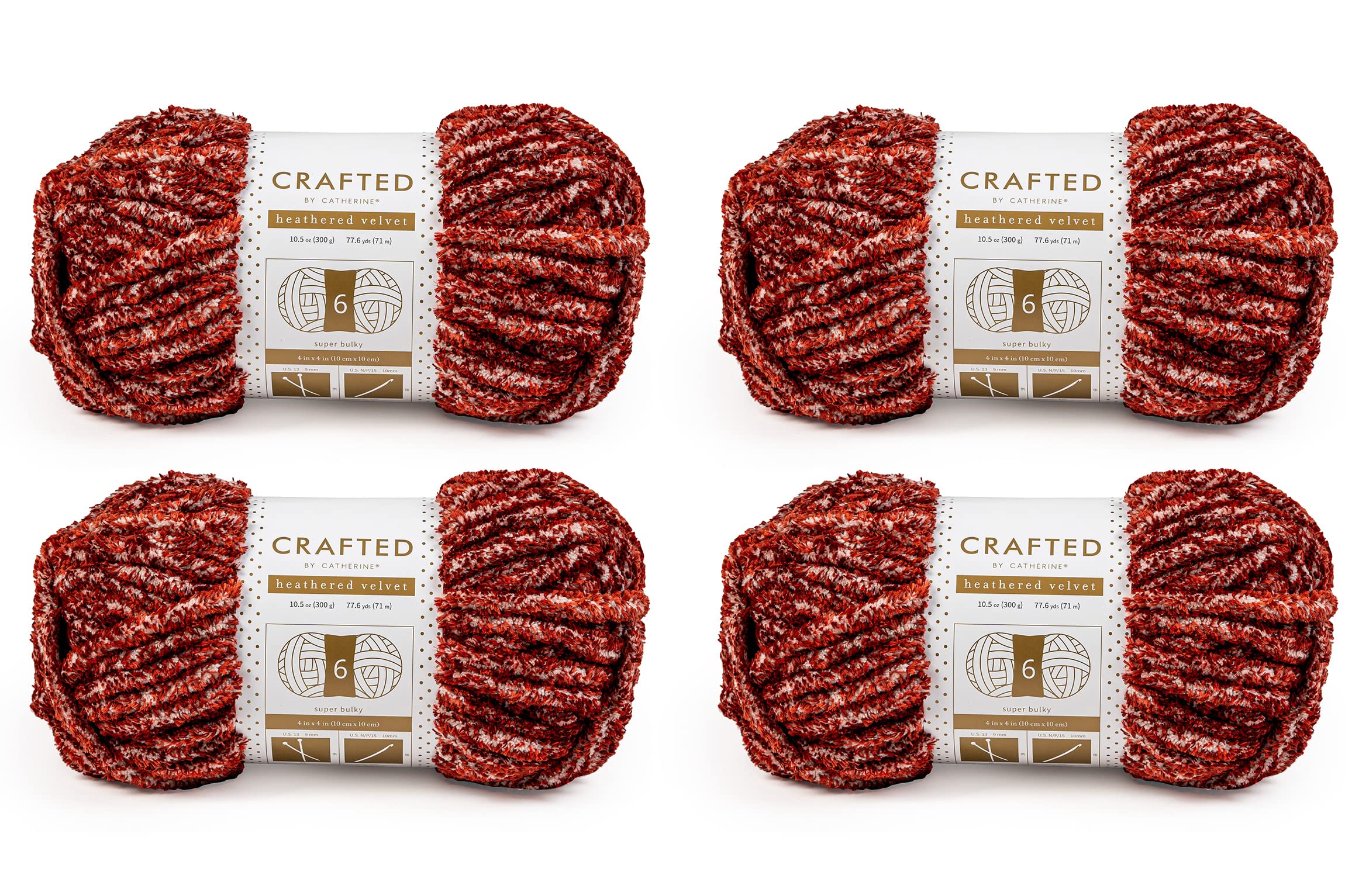 Crafted By Catherine Heathered Velvet Yarn - 4 Pack (300 g / 10.5 oz, 77.6 Yards Each Skein), Red, Gauge 6 Super Bulky