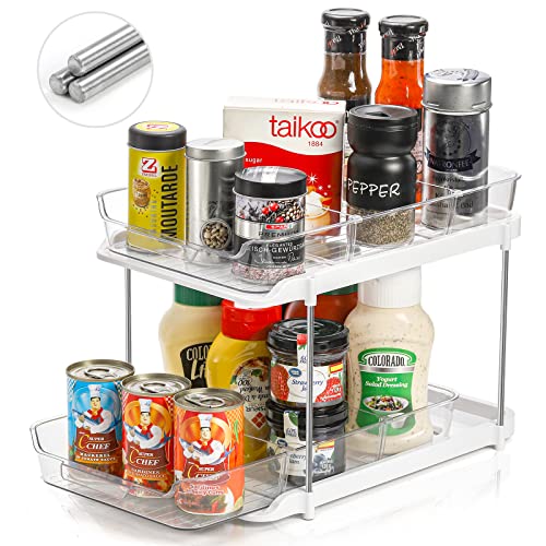 Lyellfe 2 Tier Clear Organizer with Divider, Pull Out Under Sink Organizer and Storage, Sliding Spice Rack Medicine Cabinet Bins, Multi-purpose Vanity Tray for Bathroom, Kitchen Pantry