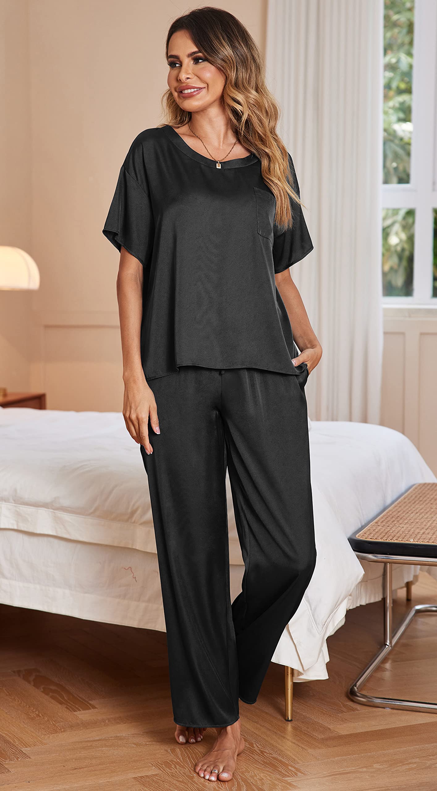 Ekouaer Womens Silk Satin Pajamas Set Two Piece Pj Sets Sleepwear Loungewear Short Sleeve Pj Sets Black