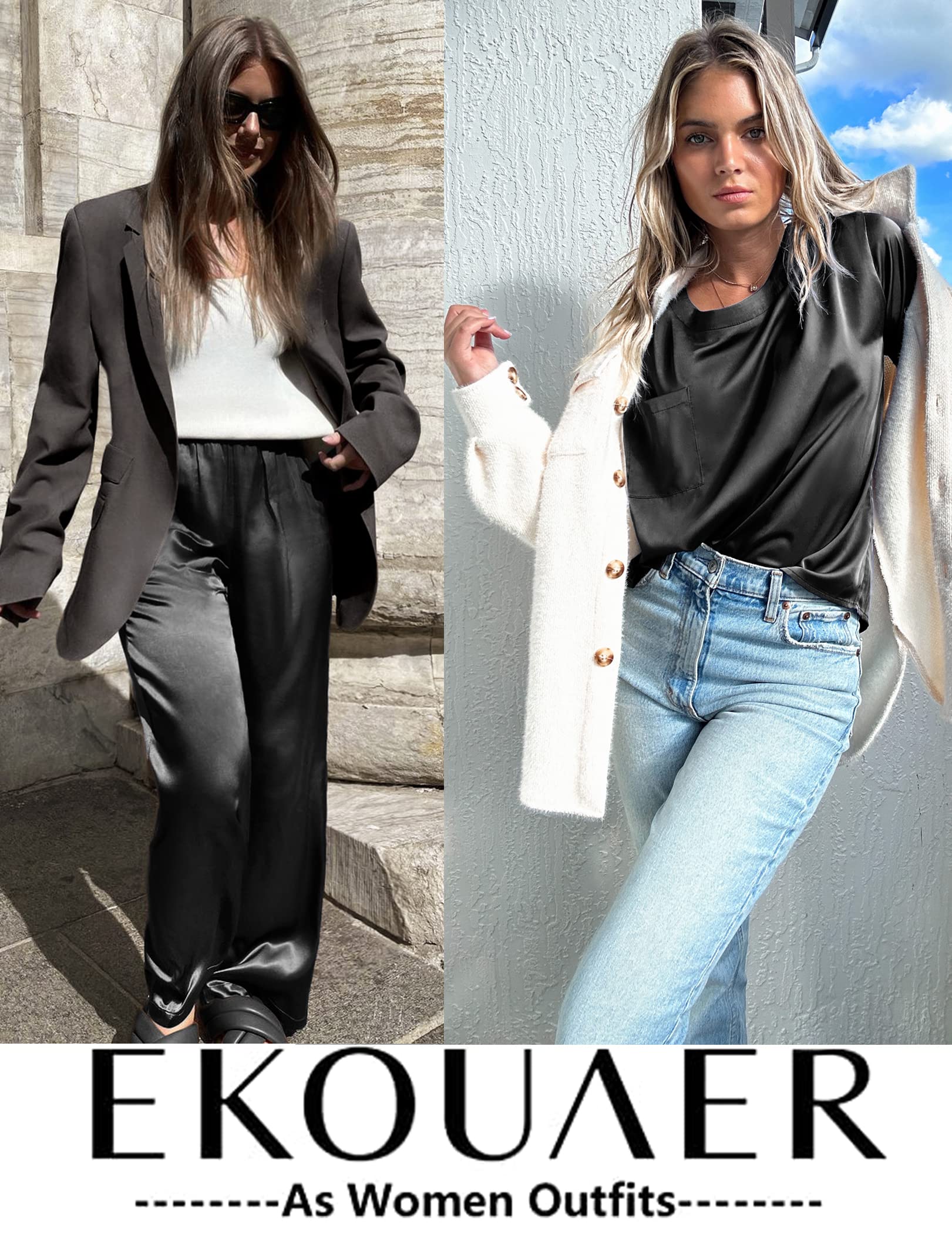 Ekouaer Womens Silk Satin Pajamas Set Two Piece Pj Sets Sleepwear Loungewear Short Sleeve Pj Sets Black