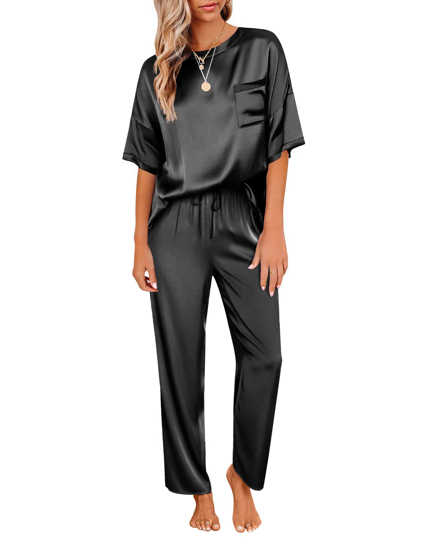 Ekouaer Womens Silk Satin Pajamas Set Two Piece Pj Sets Sleepwear Loungewear Short Sleeve Pj Sets Black