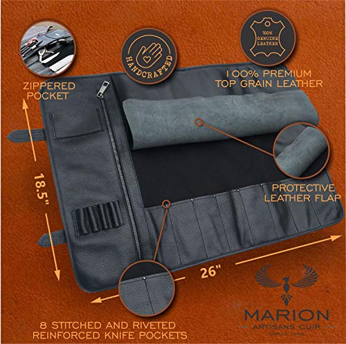 Marion - LE MINUIT - Genuine Calf Top Grain Black Leather - Handcrafted Professional Chef's Knife Storage Roll Bag - 8 Pockets - Adjustable Shoulder Strap - Zippered Interior and Exterior Pocket
