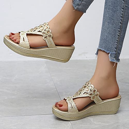 Aniywn Rhinestones Slides Sandals for Women Summer Open Toe Breathable Sandals Slip On Platform Wedge Casual Shoes