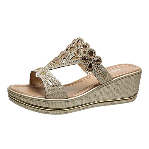 Aniywn Rhinestones Slides Sandals for Women Summer Open Toe Breathable Sandals Slip On Platform Wedge Casual Shoes