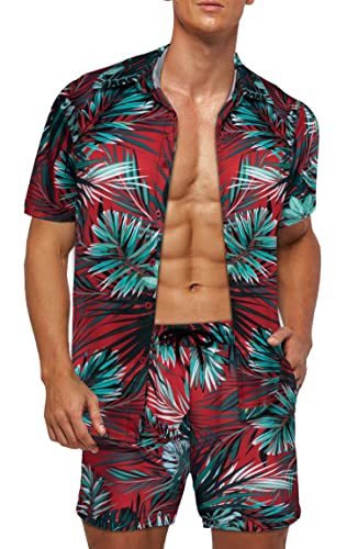 Mens Hawaiian Outfit 2 Piece Tracksuit Beach Shirt and Shorts Aloha Shirt Set, A11-2XL