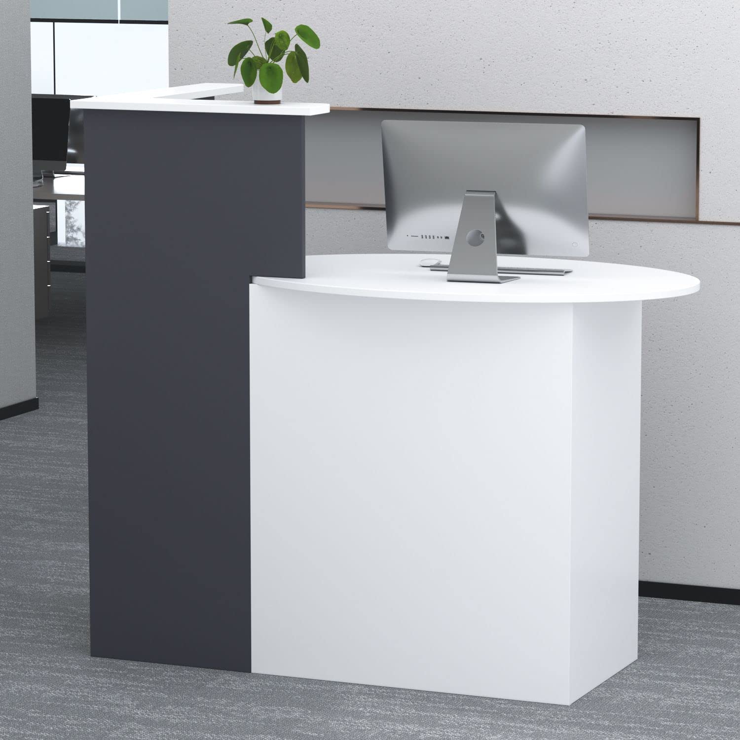 DiDuGo Reception Counter Desk Retail Front Reception Desk for Checkout, Round Desktop, Open Shelves, Lockable Drawer, for Salon White and Dark Grey