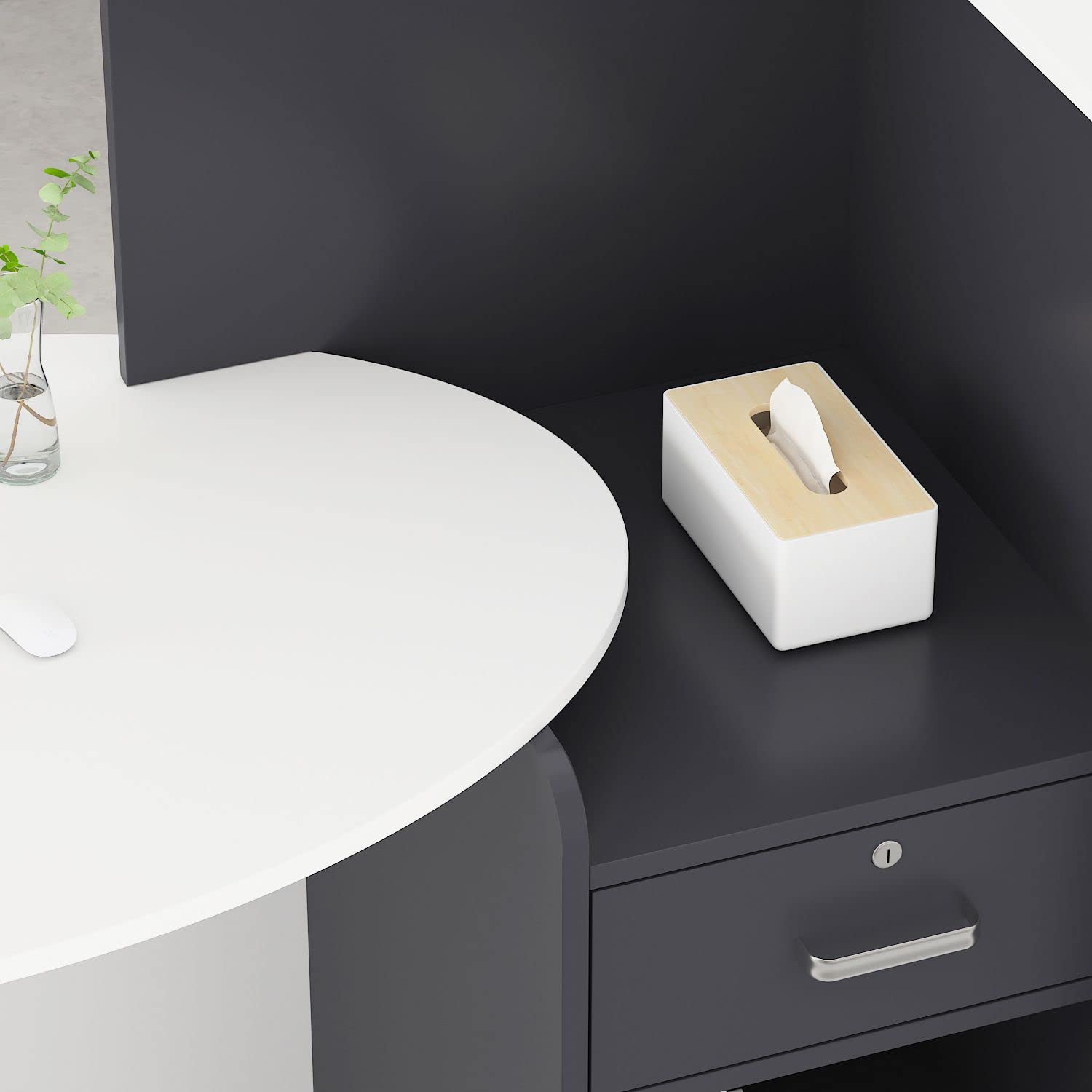 DiDuGo Reception Counter Desk Retail Front Reception Desk for Checkout, Round Desktop, Open Shelves, Lockable Drawer, for Salon White and Dark Grey