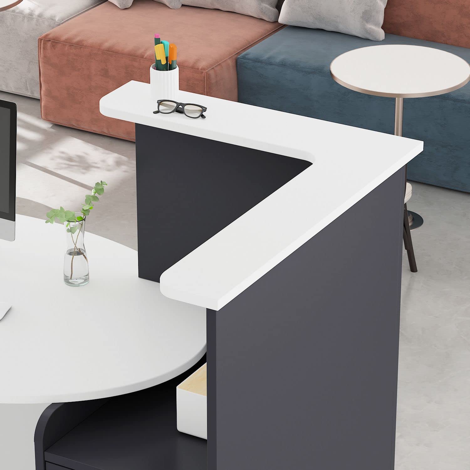 DiDuGo Reception Counter Desk Retail Front Reception Desk for Checkout, Round Desktop, Open Shelves, Lockable Drawer, for Salon White and Dark Grey