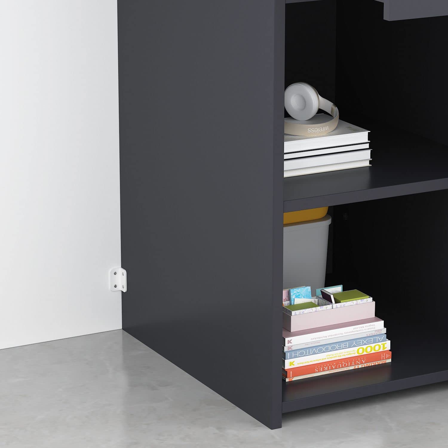 DiDuGo Reception Counter Desk Retail Front Reception Desk for Checkout, Round Desktop, Open Shelves, Lockable Drawer, for Salon White and Dark Grey