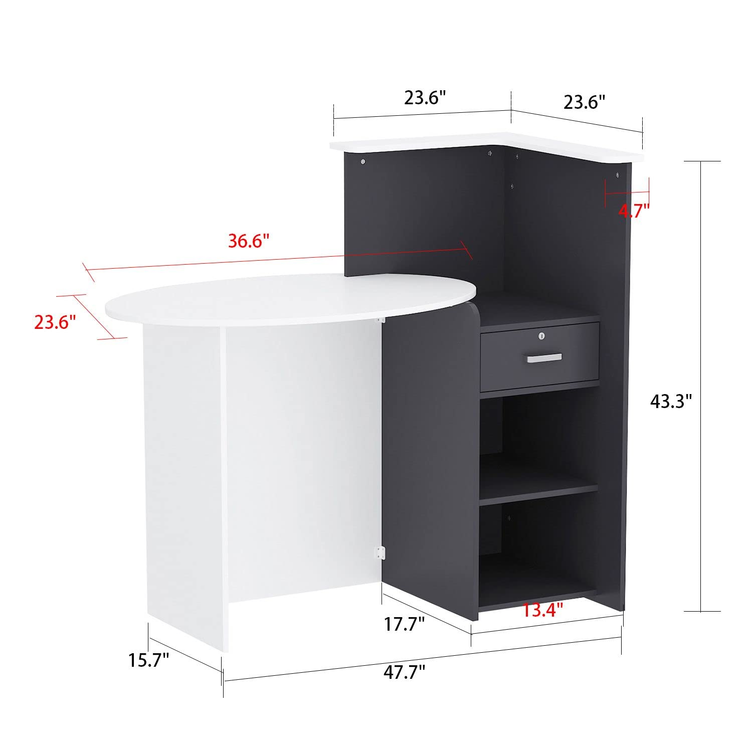 DiDuGo Reception Counter Desk Retail Front Reception Desk for Checkout, Round Desktop, Open Shelves, Lockable Drawer, for Salon White and Dark Grey