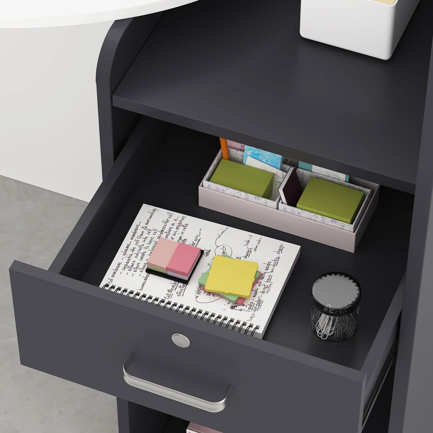 DiDuGo Reception Counter Desk Retail Front Reception Desk for Checkout, Round Desktop, Open Shelves, Lockable Drawer, for Salon White and Dark Grey