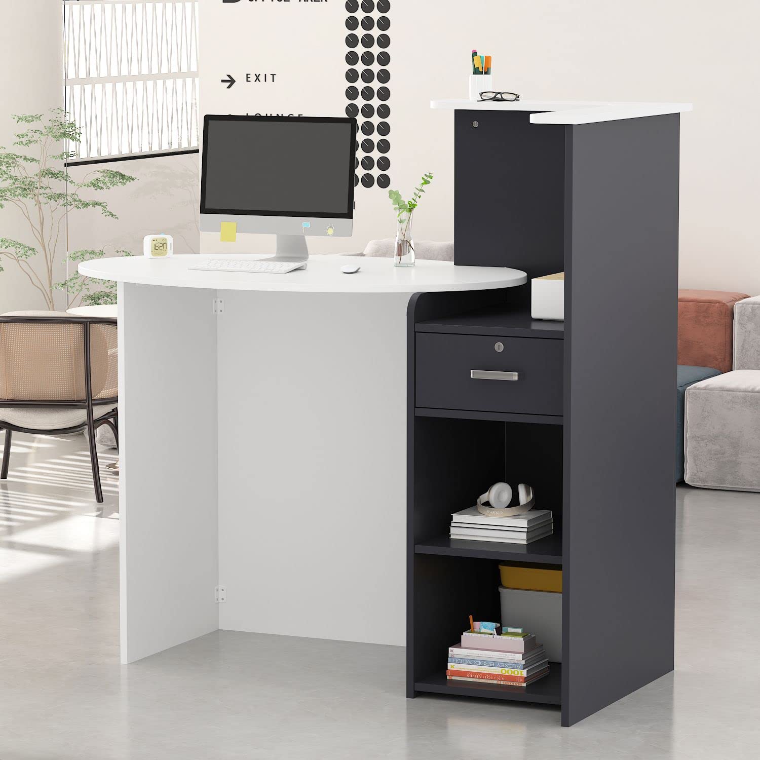 DiDuGo Reception Counter Desk Retail Front Reception Desk for Checkout, Round Desktop, Open Shelves, Lockable Drawer, for Salon White and Dark Grey