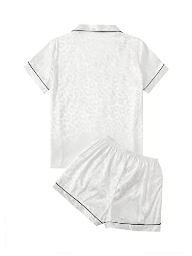 Verdusa Women's 2pc Satin Nightwear Button Front Sleepwear Short Sleeve Pajamas Set Leopard White S