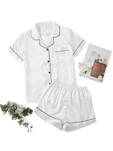 Verdusa Women's 2pc Satin Nightwear Button Front Sleepwear Short Sleeve Pajamas Set Leopard White S