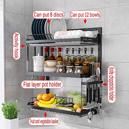 FEHUN Sinks,Wall-Mounted 3-Layer 201 Stainless Steel Dish Rack Drain Rack with Drain Pan,Chopstick Holder,Kitchen Rack