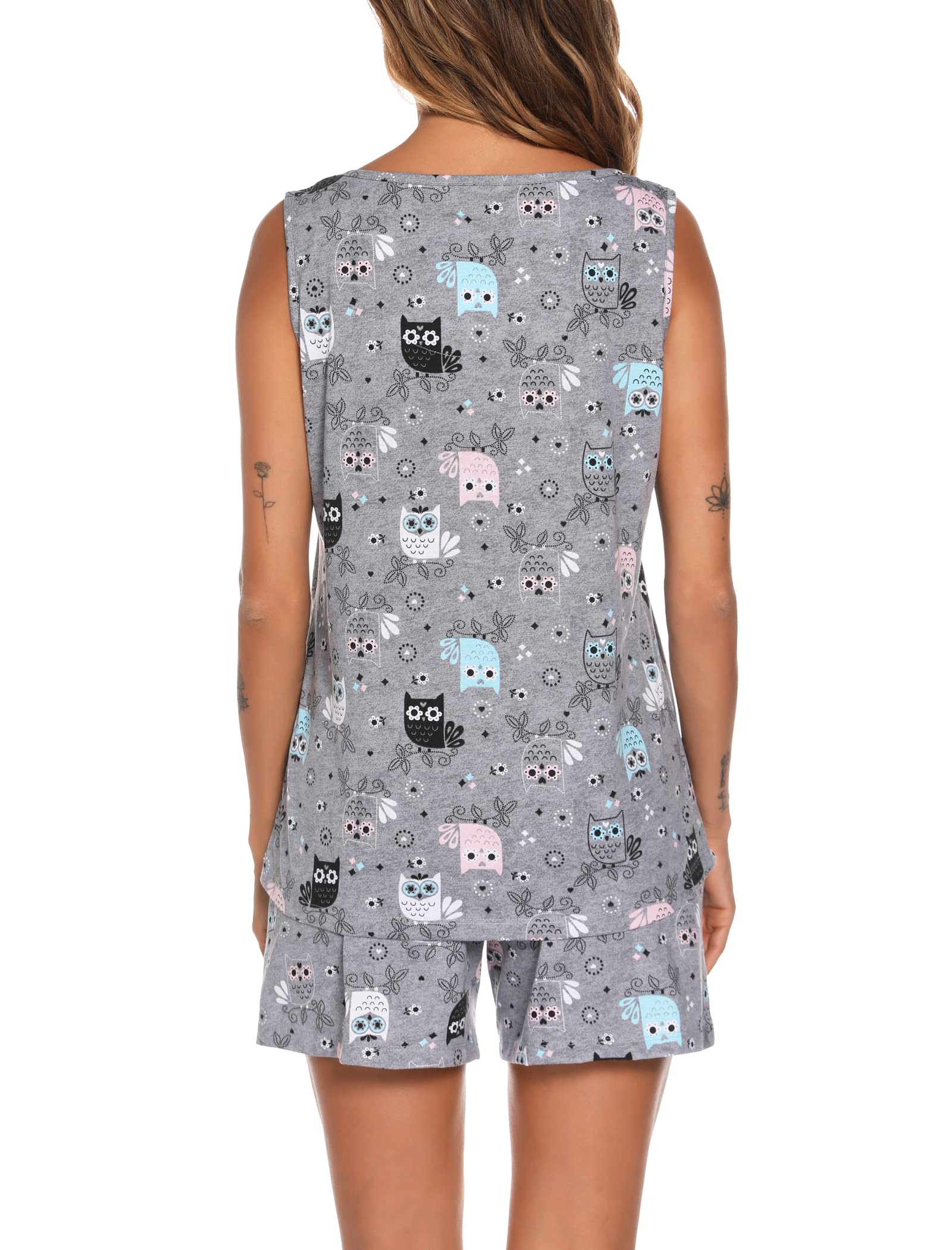 ENJOYNIGHT Women's Pajamas Set Sleeveless Tank Top and Shorts Sleepwear Set Summer 2 Piece PJS with Drawstring & Pockets(X-Large,b.owl)