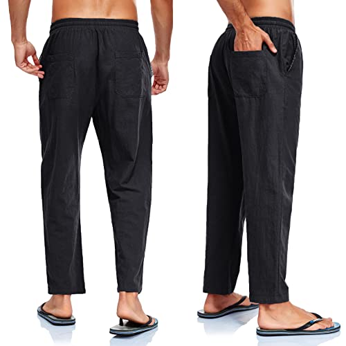 sherelie Men's 100% Cotton Ankle Pants Drawstring Linen Like Pants 4 Pockets Pull-On Pants Lounge Casual Summer Beach Trousers, Black, XL
