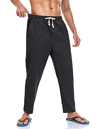 sherelie Men's 100% Cotton Ankle Pants Drawstring Linen Like Pants 4 Pockets Pull-On Pants Lounge Casual Summer Beach Trousers, Black, XL