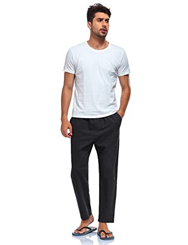 sherelie Men's 100% Cotton Ankle Pants Drawstring Linen Like Pants 4 Pockets Pull-On Pants Lounge Casual Summer Beach Trousers, Black, XL