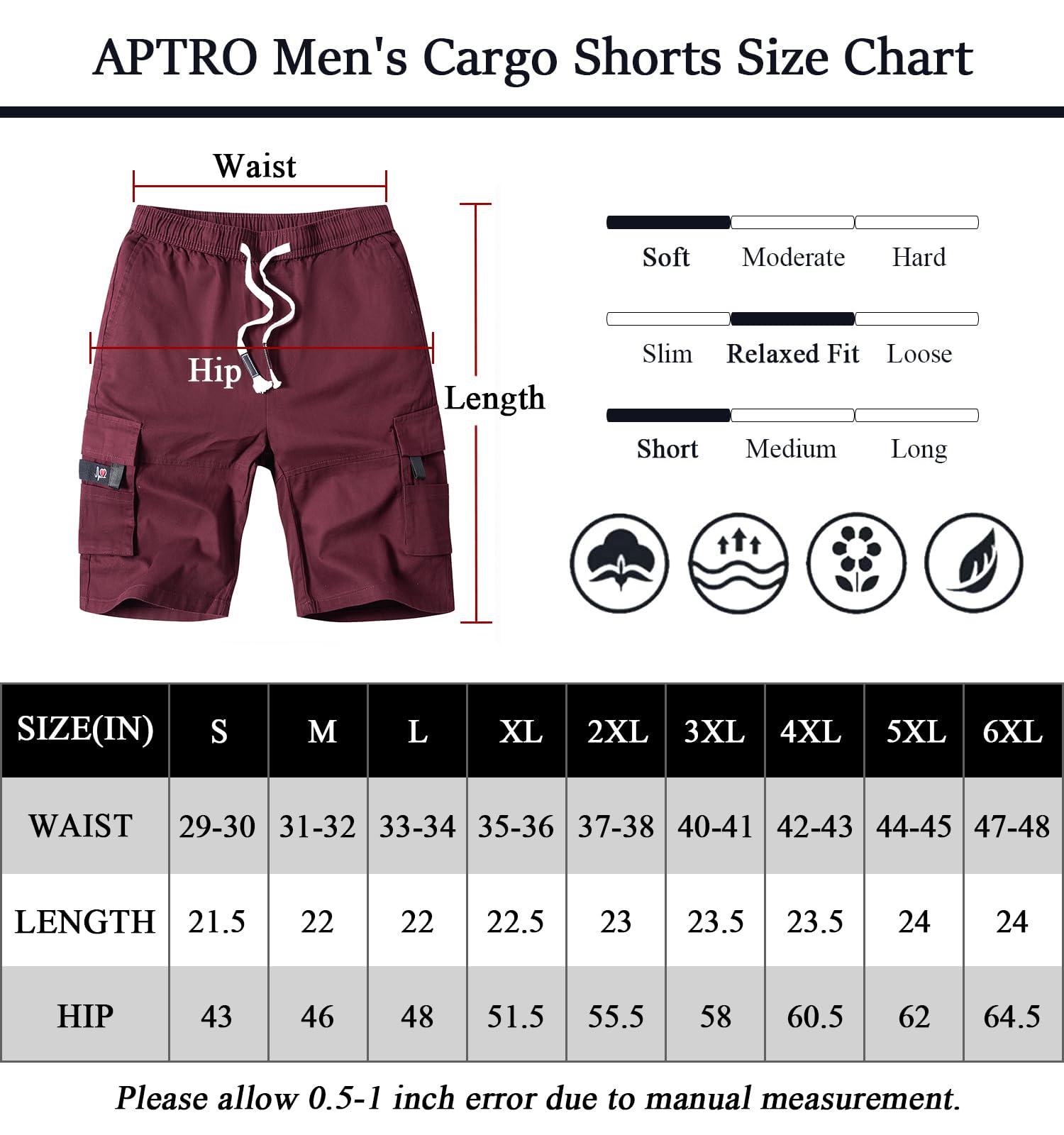 APTRO Men's Elastic Waistband Cotton Cargo Shorts Relaxed Fit Summer Casual Shorts A901 Wine 2XL