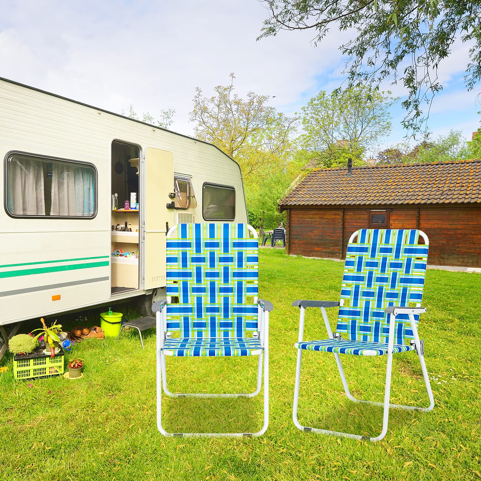 SUNLOT Patio Folding Web Chair Set,2 Pack Webbed Folding Chair Portable Lightweight Outdoor Folding Beach Chairs for Patio, Garden, Bay, Yard, Lawn.
