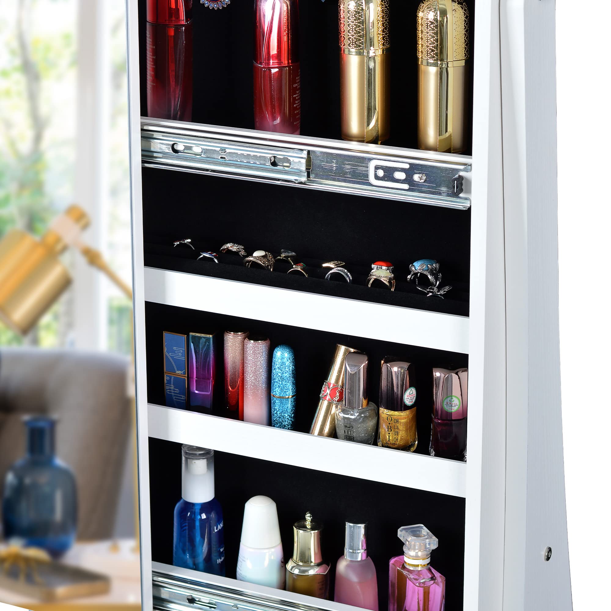 HOUAGI Mirror Jewelry Cabinet Standing,60.23" H Jewelry Armoire Organizer with Sliding Vertical Full Length Mirror,1 Layer of Storage Under the Frame,4 Angels Adjustable