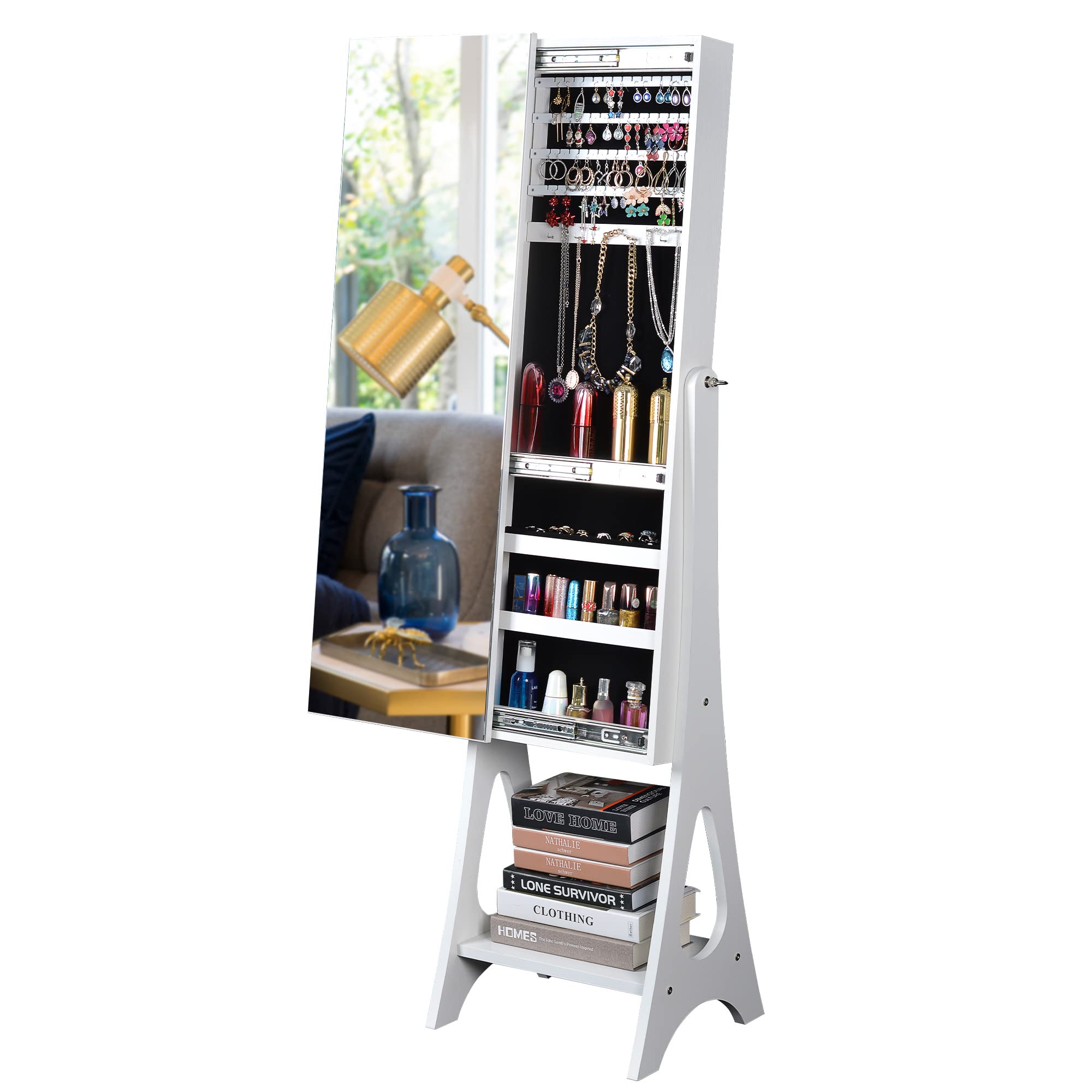 HOUAGI Mirror Jewelry Cabinet Standing,60.23" H Jewelry Armoire Organizer with Sliding Vertical Full Length Mirror,1 Layer of Storage Under the Frame,4 Angels Adjustable