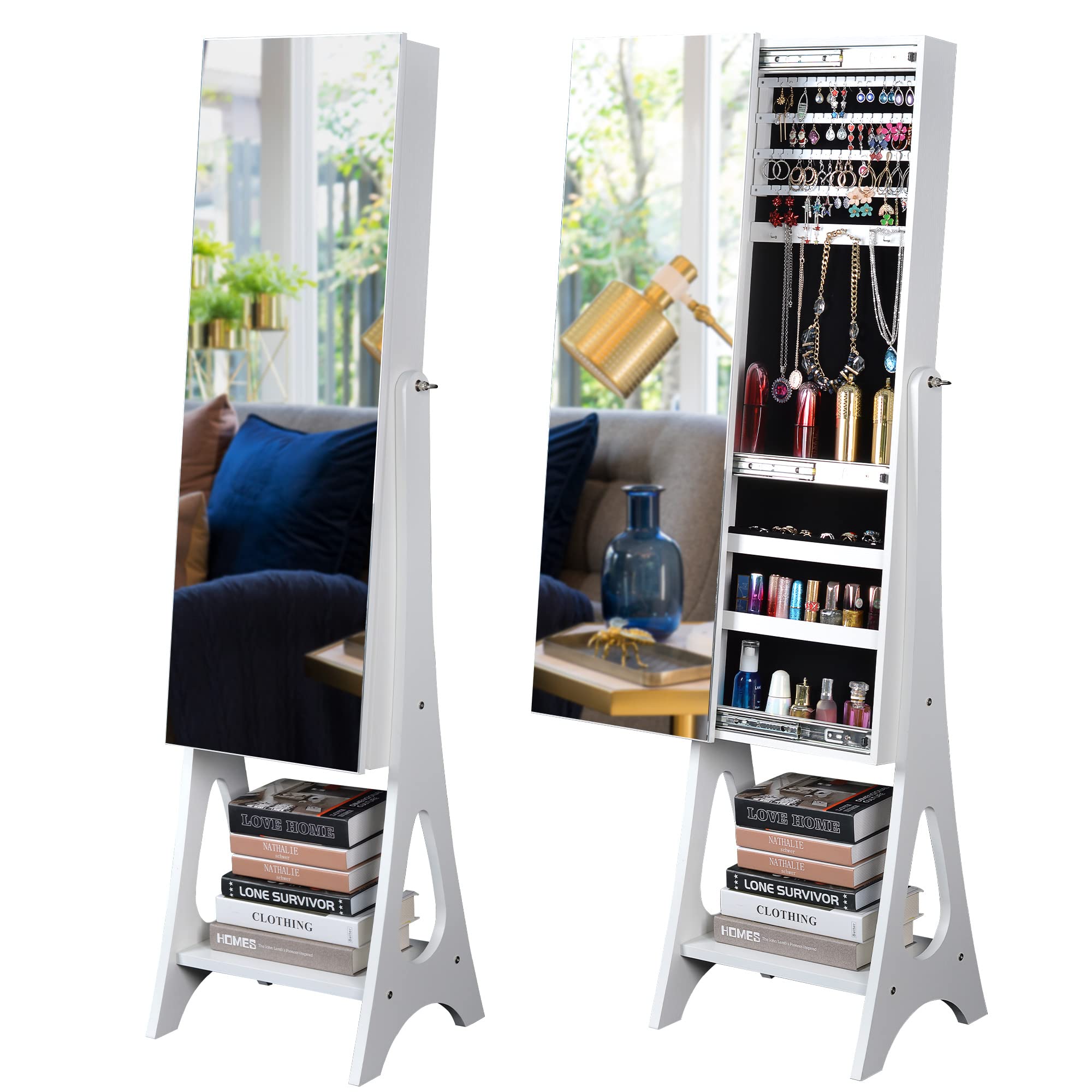 HOUAGI Mirror Jewelry Cabinet Standing,60.23" H Jewelry Armoire Organizer with Sliding Vertical Full Length Mirror,1 Layer of Storage Under the Frame,4 Angels Adjustable