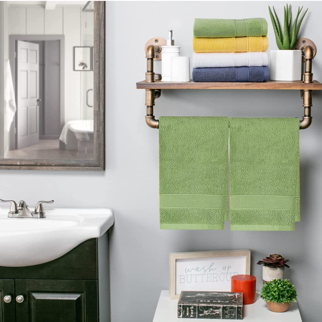 PUPOPIK Hand Towels for Bathroom 2 Pack-100% Cotton Hand Towel (14 x 30 Inch), Highly Absorbent and Quick Dry Face Washcloth, Home Soft Premium Towel for Hotel, Bath, Kitchen and Spa (Green)