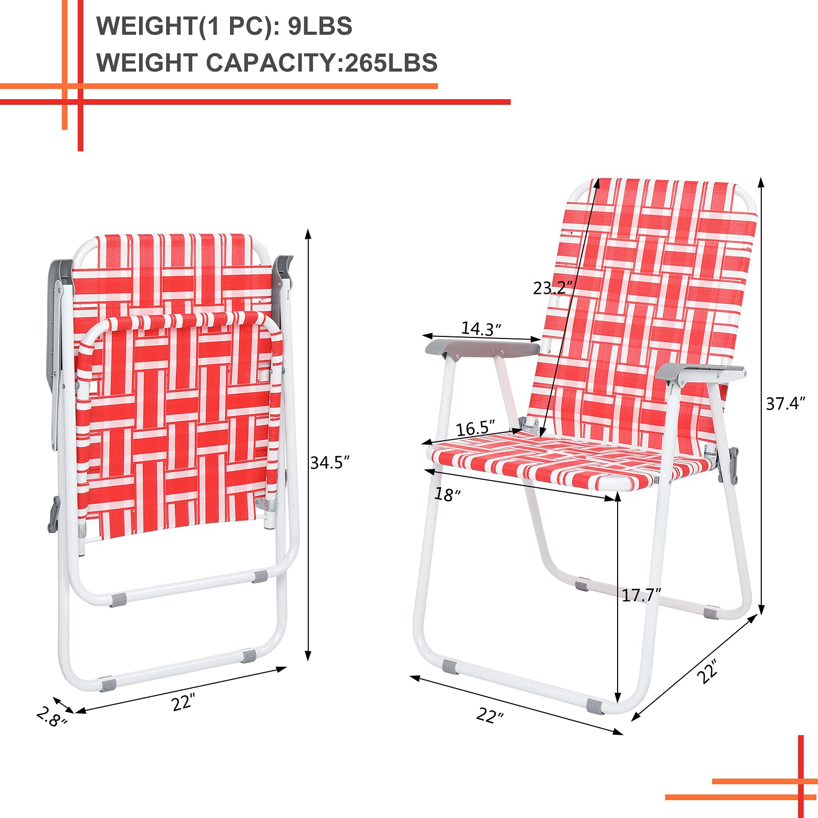 SUNLOT Patio Folding Web Chair Set,2 Pack Webbed Folding Chair Portable Lightweight Outdoor Folding Beach Chairs for Patio, Garden, Bay, Yard, Lawn., Red & White Strip