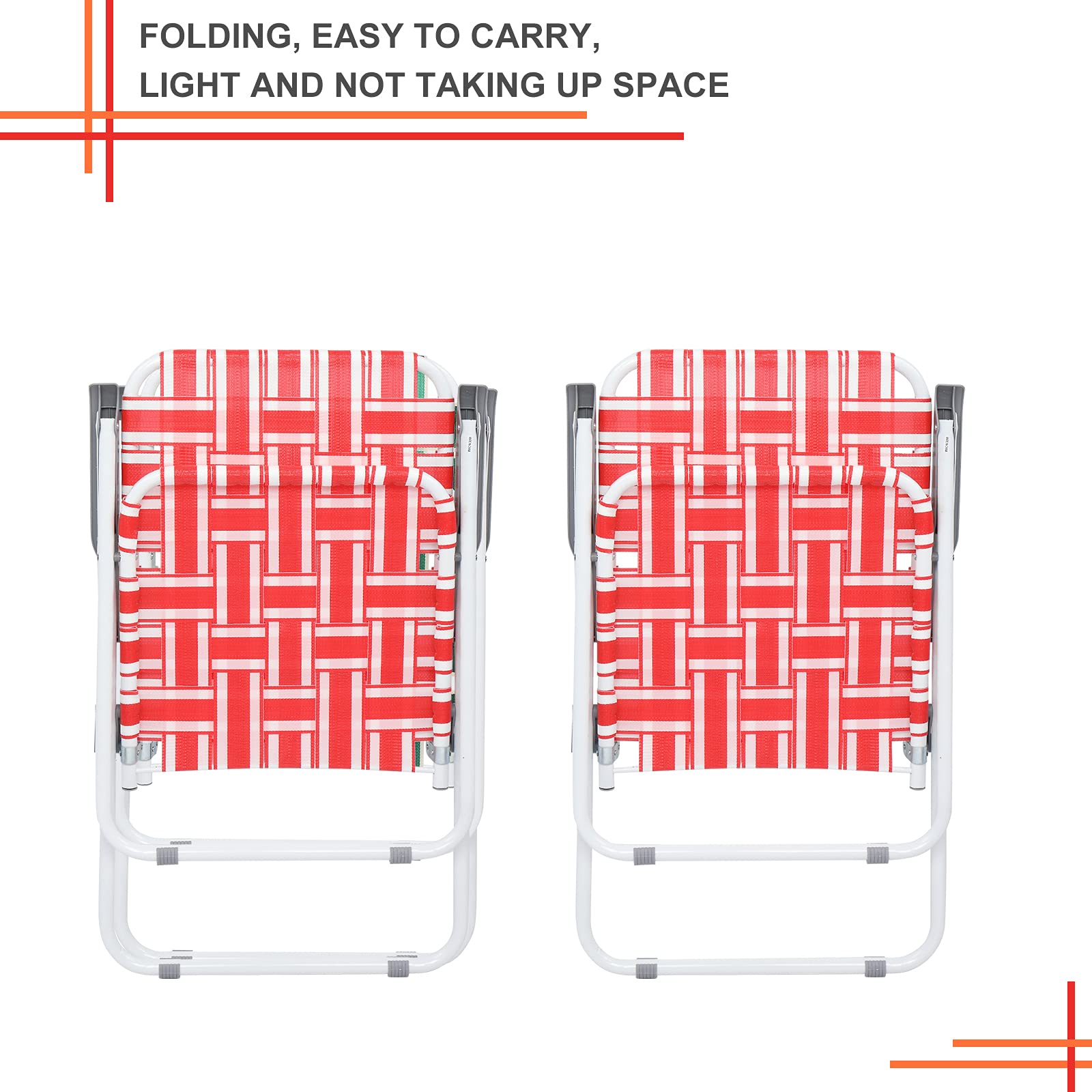 SUNLOT Patio Folding Web Chair Set,2 Pack Webbed Folding Chair Portable Lightweight Outdoor Folding Beach Chairs for Patio, Garden, Bay, Yard, Lawn., Red & White Strip