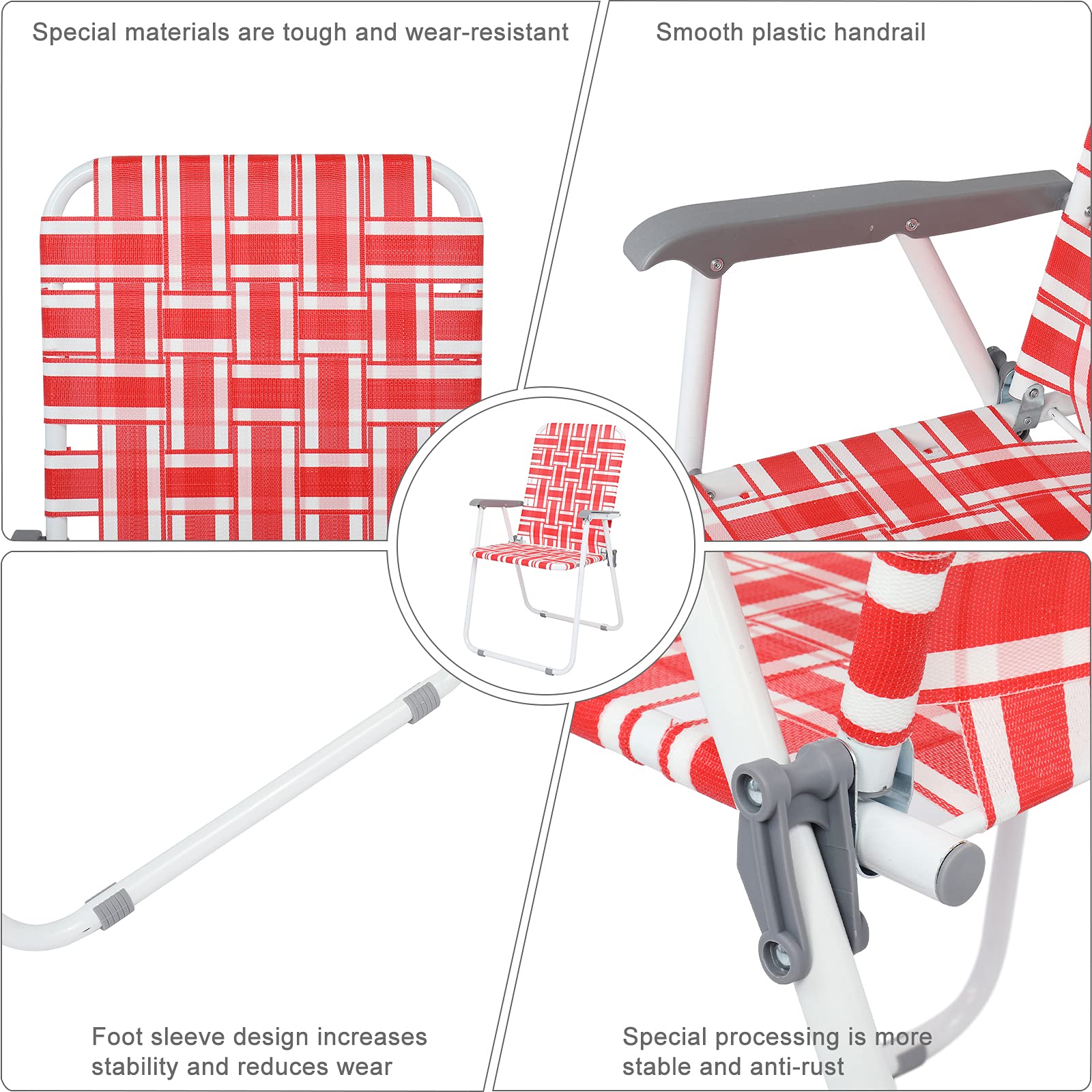 SUNLOT Patio Folding Web Chair Set,2 Pack Webbed Folding Chair Portable Lightweight Outdoor Folding Beach Chairs for Patio, Garden, Bay, Yard, Lawn., Red & White Strip