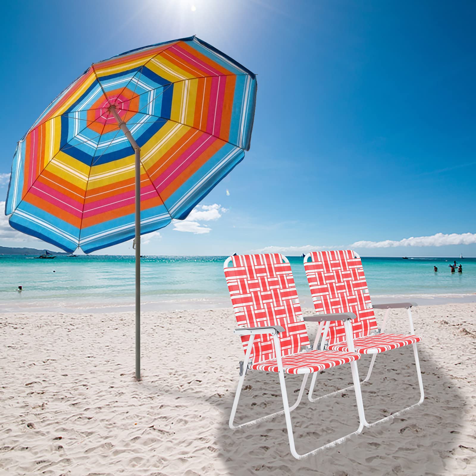 SUNLOT Patio Folding Web Chair Set,2 Pack Webbed Folding Chair Portable Lightweight Outdoor Folding Beach Chairs for Patio, Garden, Bay, Yard, Lawn., Red & White Strip