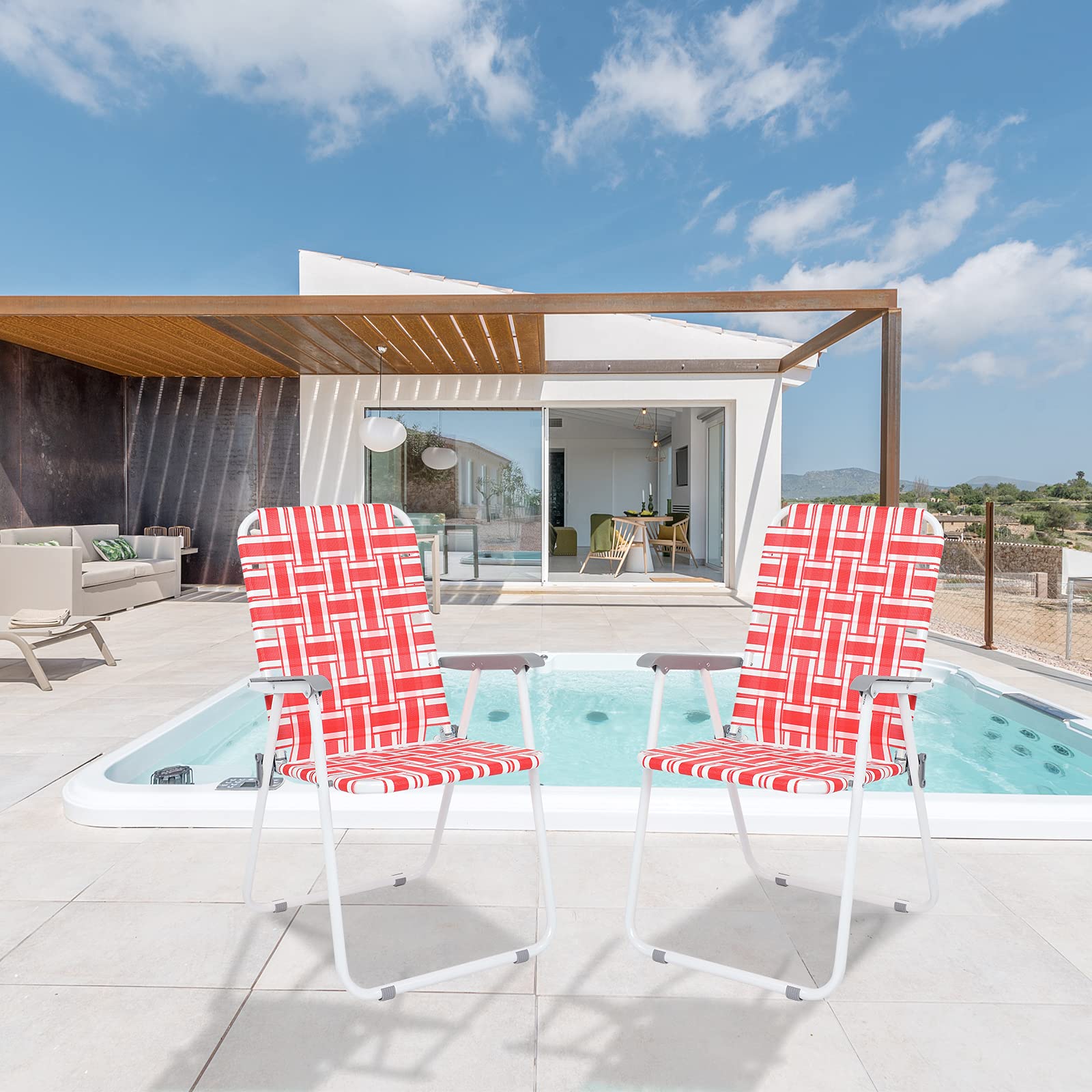 SUNLOT Patio Folding Web Chair Set,2 Pack Webbed Folding Chair Portable Lightweight Outdoor Folding Beach Chairs for Patio, Garden, Bay, Yard, Lawn., Red & White Strip