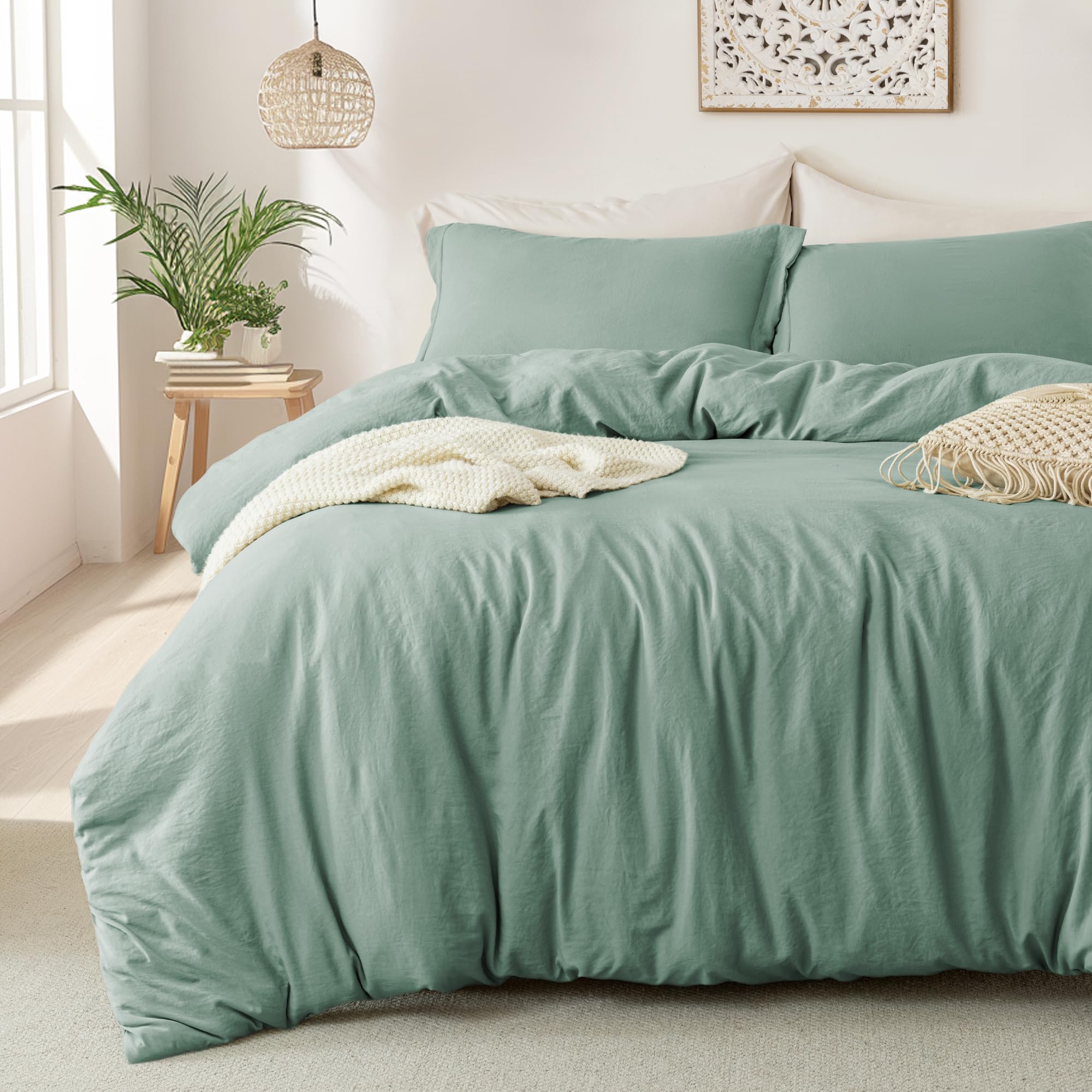 MILDLY Super Soft Duvet Cover - 100% Washed Microfiber Sage Green Comforter Cover Set 3 Pieces with Zipper Closure & Corner Ties (No Comforter)