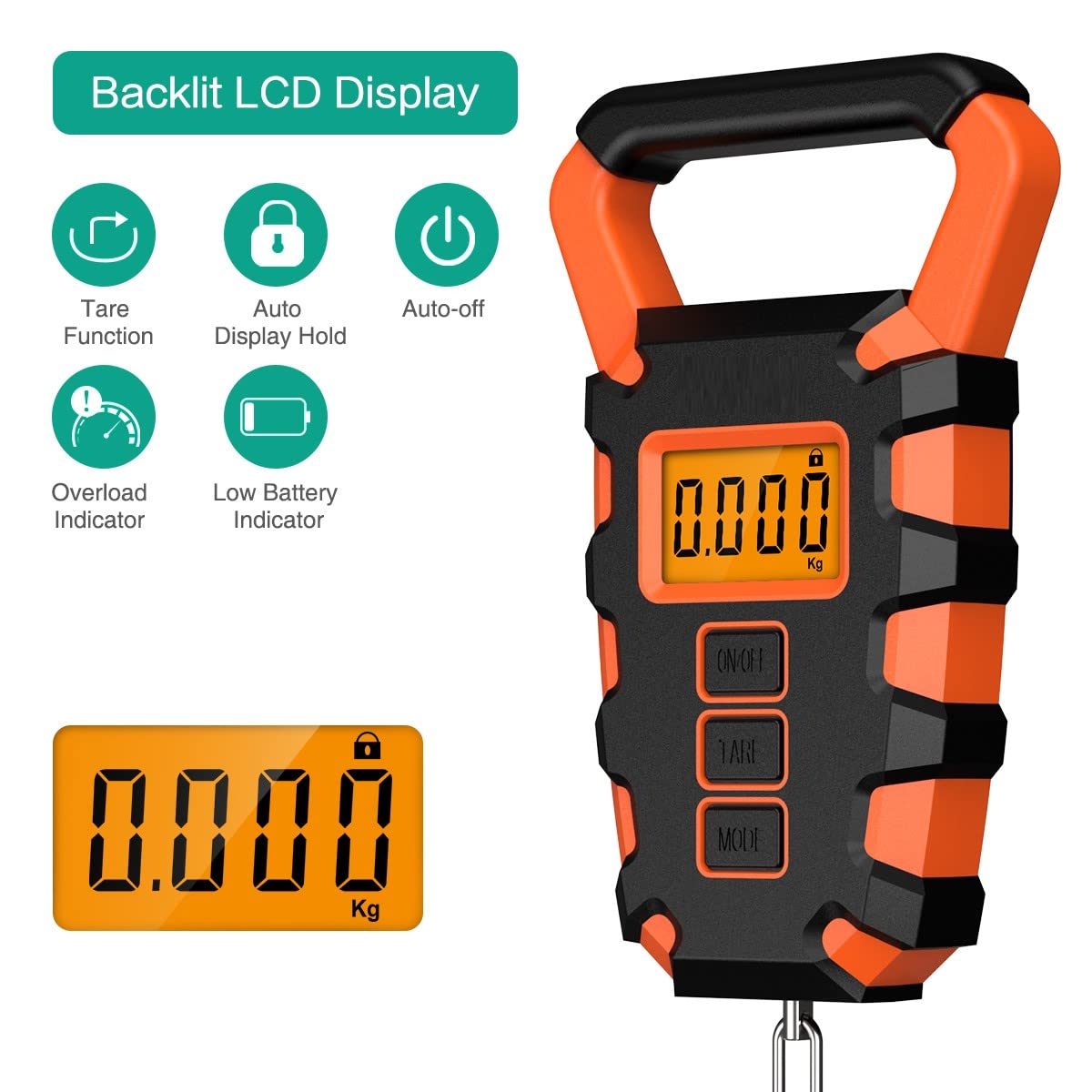 ORIA Digital Fishing Scale with Ruler, Fishing Postal Hanging Hook Scale, 110lb/50kg Waterproof Luggage Scale with Measuring Tape, Luggage Hook, Backlit LCD Display, Orange