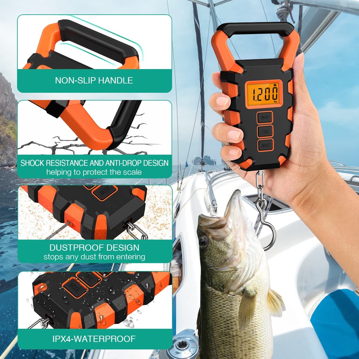 ORIA Digital Fishing Scale with Ruler, Fishing Postal Hanging Hook Scale, 110lb/50kg Waterproof Luggage Scale with Measuring Tape, Luggage Hook, Backlit LCD Display, Orange