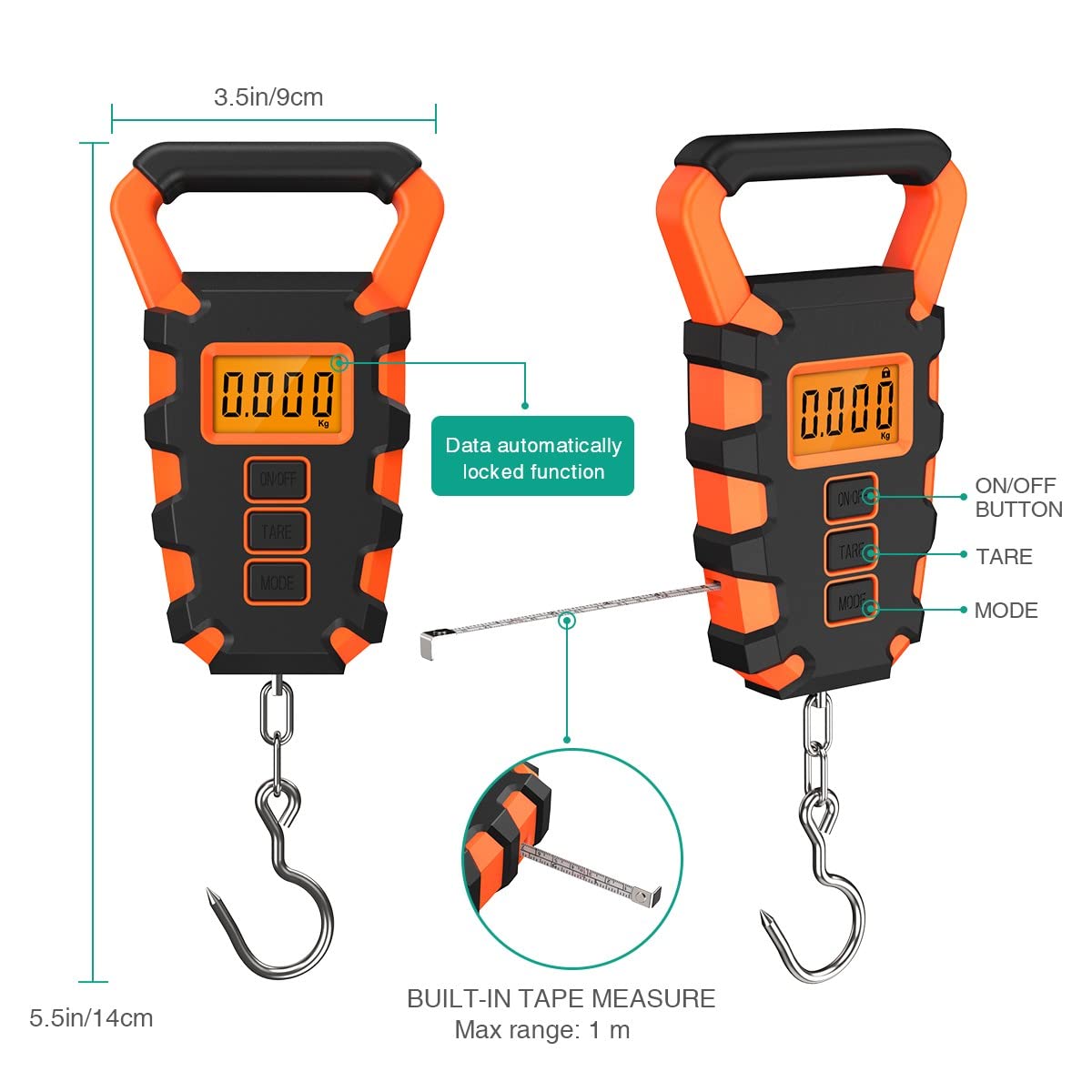 ORIA Digital Fishing Scale with Ruler, Fishing Postal Hanging Hook Scale, 110lb/50kg Waterproof Luggage Scale with Measuring Tape, Luggage Hook, Backlit LCD Display, Orange