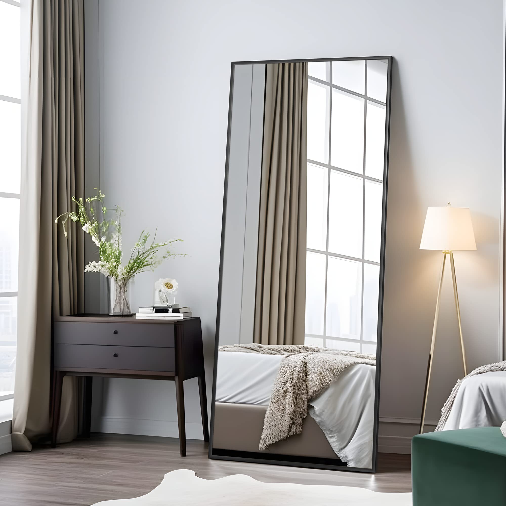 Pexfix Full Length Mirror Hanging Mirror Dressing Mirror Wall-Mounted Mirror with Stand,Full Body Mirror with Aluminum Alloy Thin Frame,Black,65"x22"